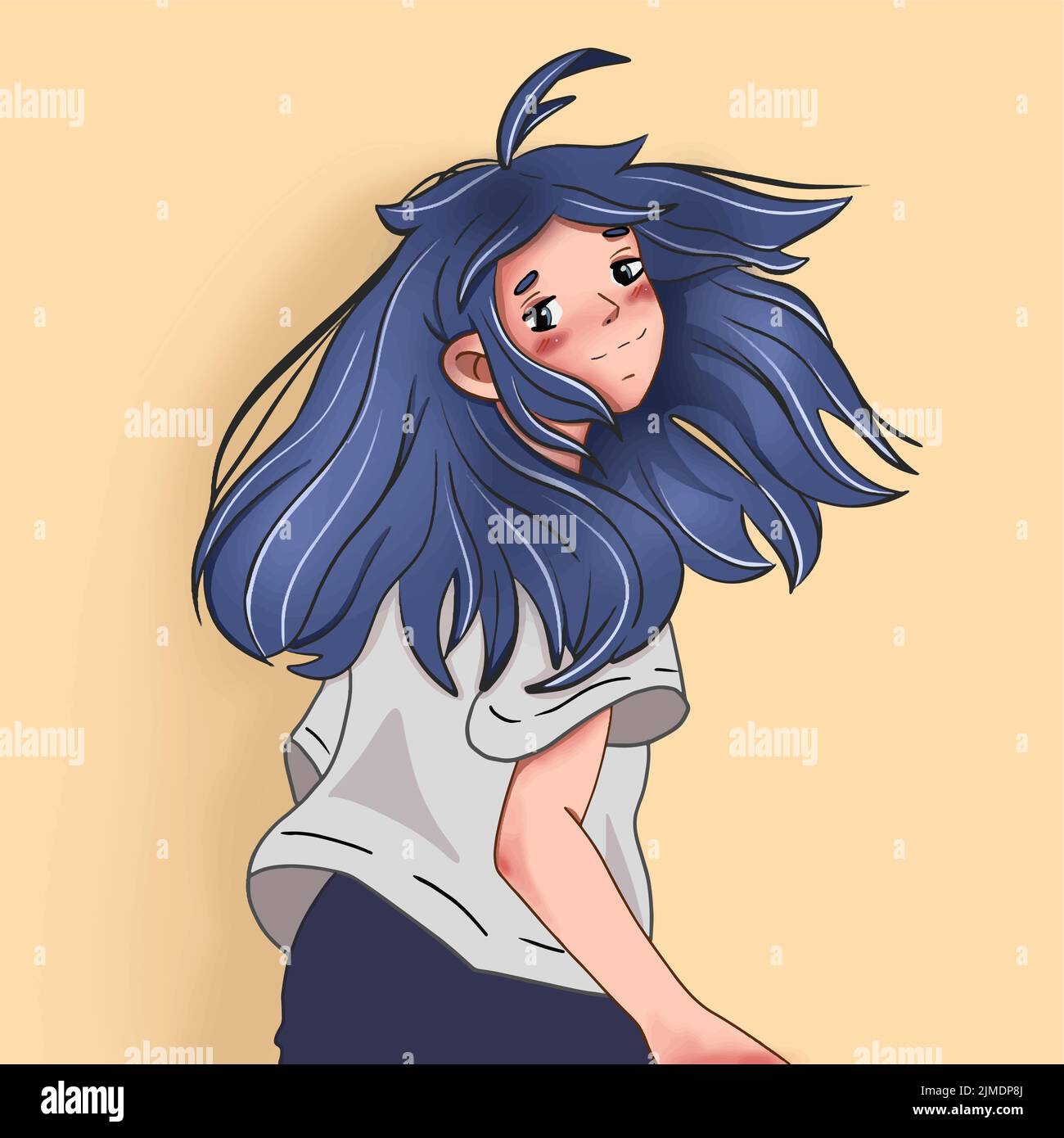 cute beautiful girl with blue hair smiling anime illustration Stock ...