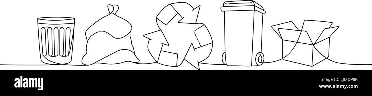 Set of trash one line continuous drawing. Garbage, trash can, garbage ...