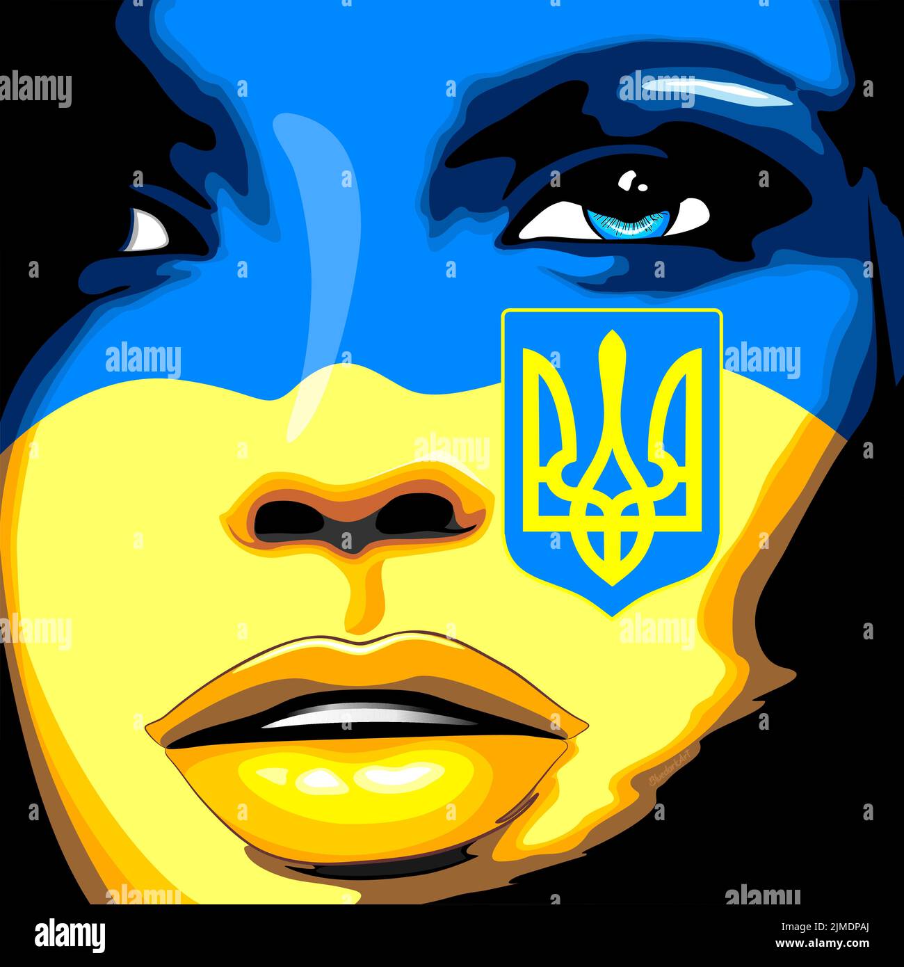 A vector illustration of the Ukrainian flag painted on a girl's face ...