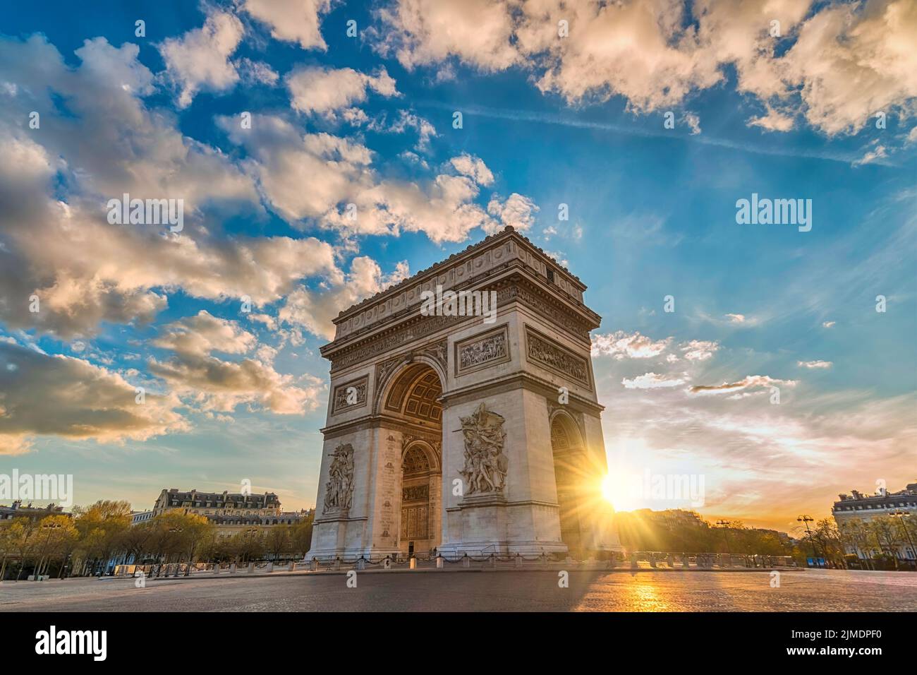 Paris France sunset city skyline at Arc de Triomphe and Champs Elysees ...