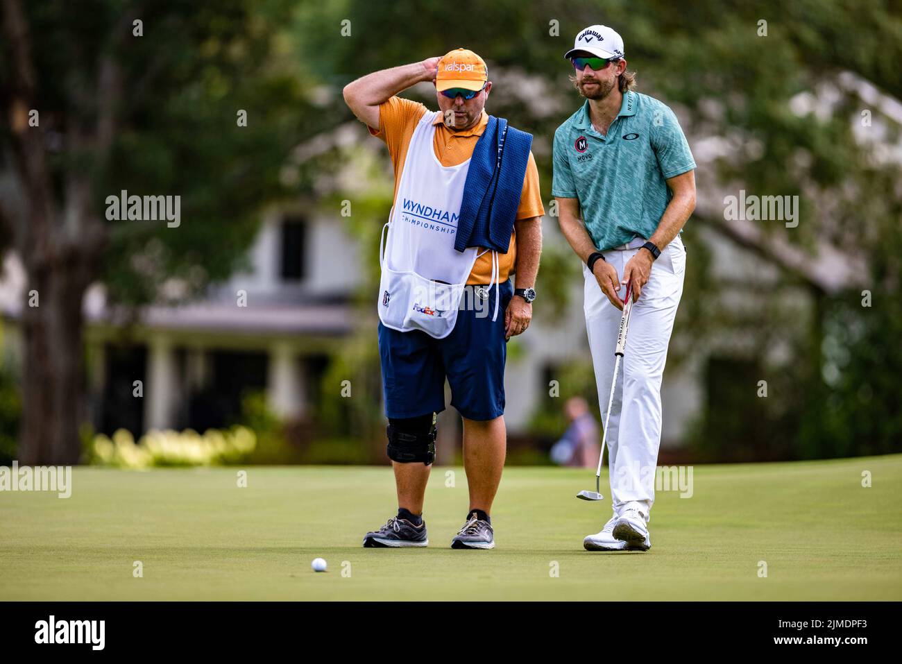 August 5, 2022: Patrick Rodgers talks with his caddie as he prepares ...