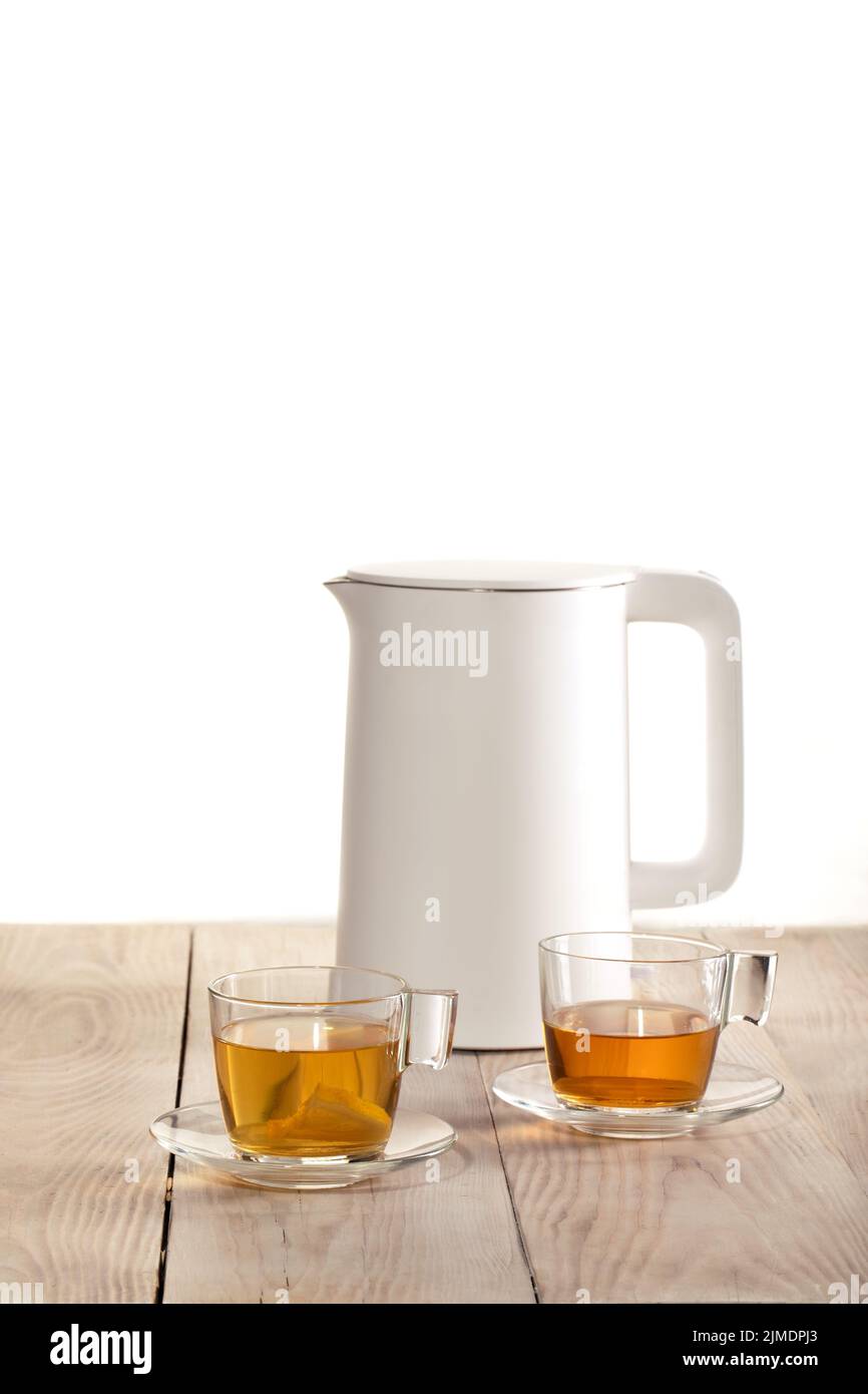 Hot morning tea cup on wood table background Stock Photo - Alamy