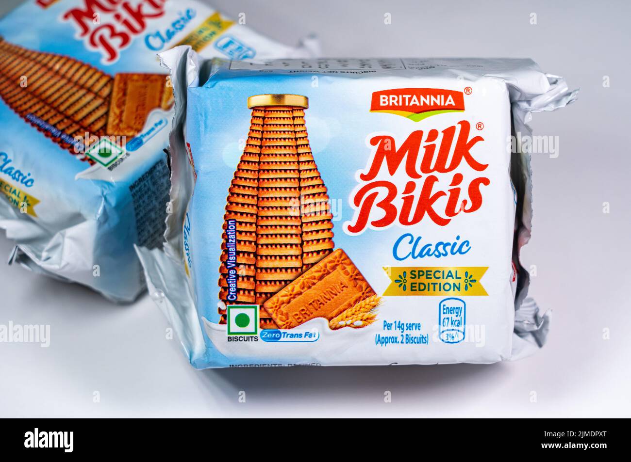 Two packets of Britannia Milk Bikis Special Edition on a white ...