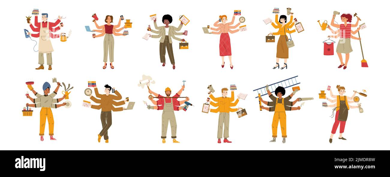 Busy multitasking characters, diverse business men, women housewife ...