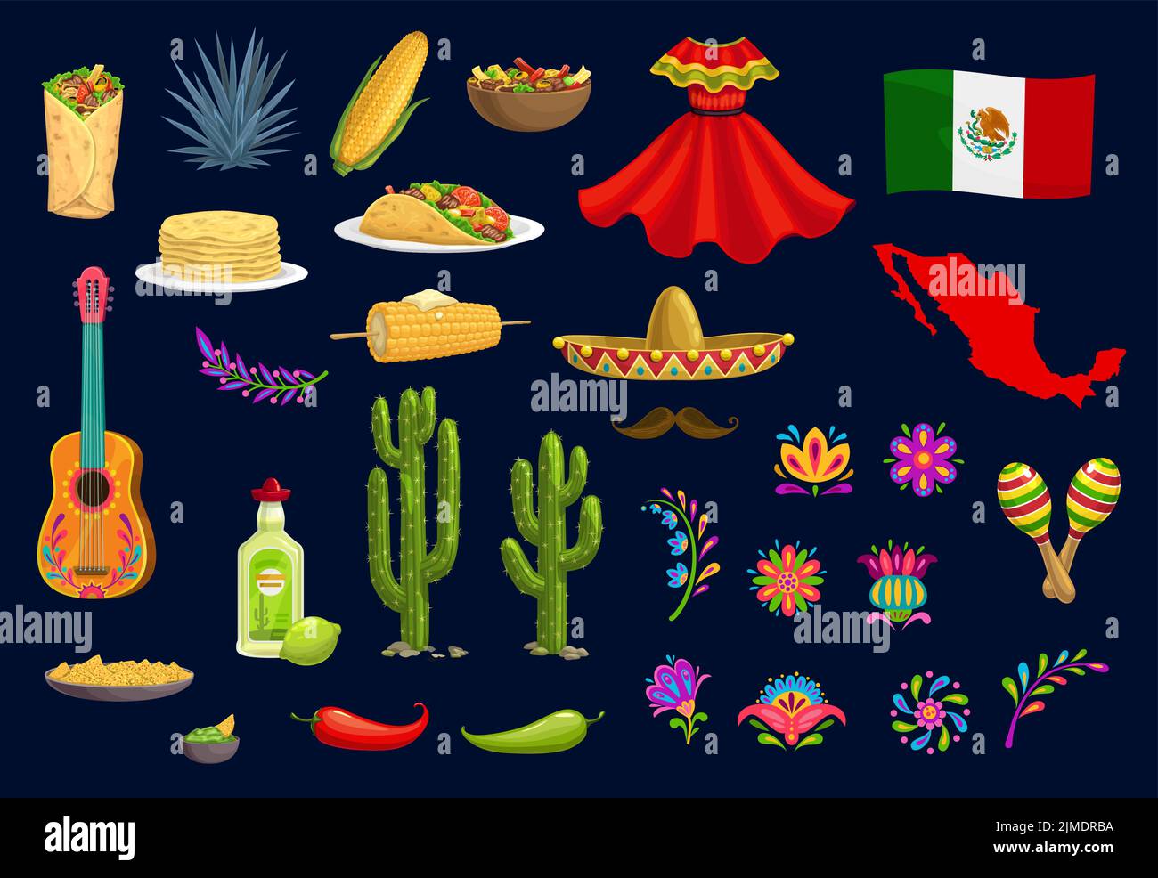 Mexican holiday food, items and national symbols. Mexican tacos ...