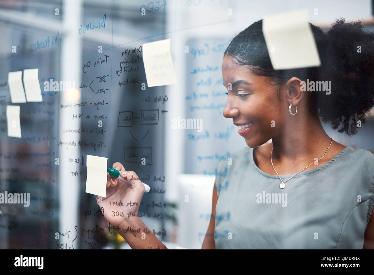 Happy, inspired and confident business woman brainstorming ideas ...