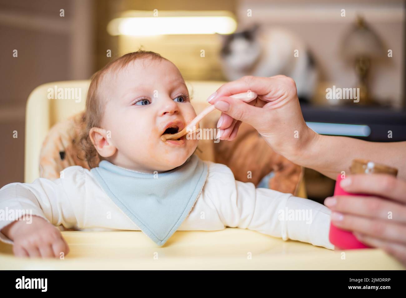 Mother feeds happy baby with fruit puree from a spoon. First food Stock ...