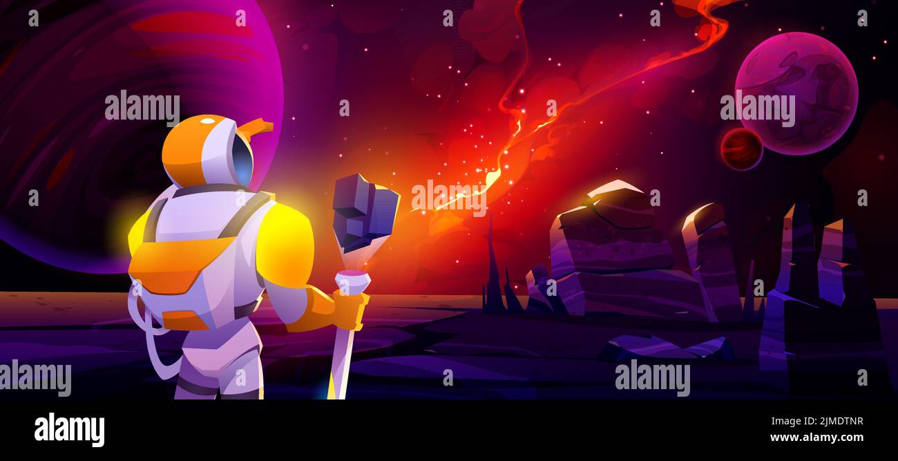 Astronaut on alien planet in far galaxy. Cosmonaut in suit and helmet ...