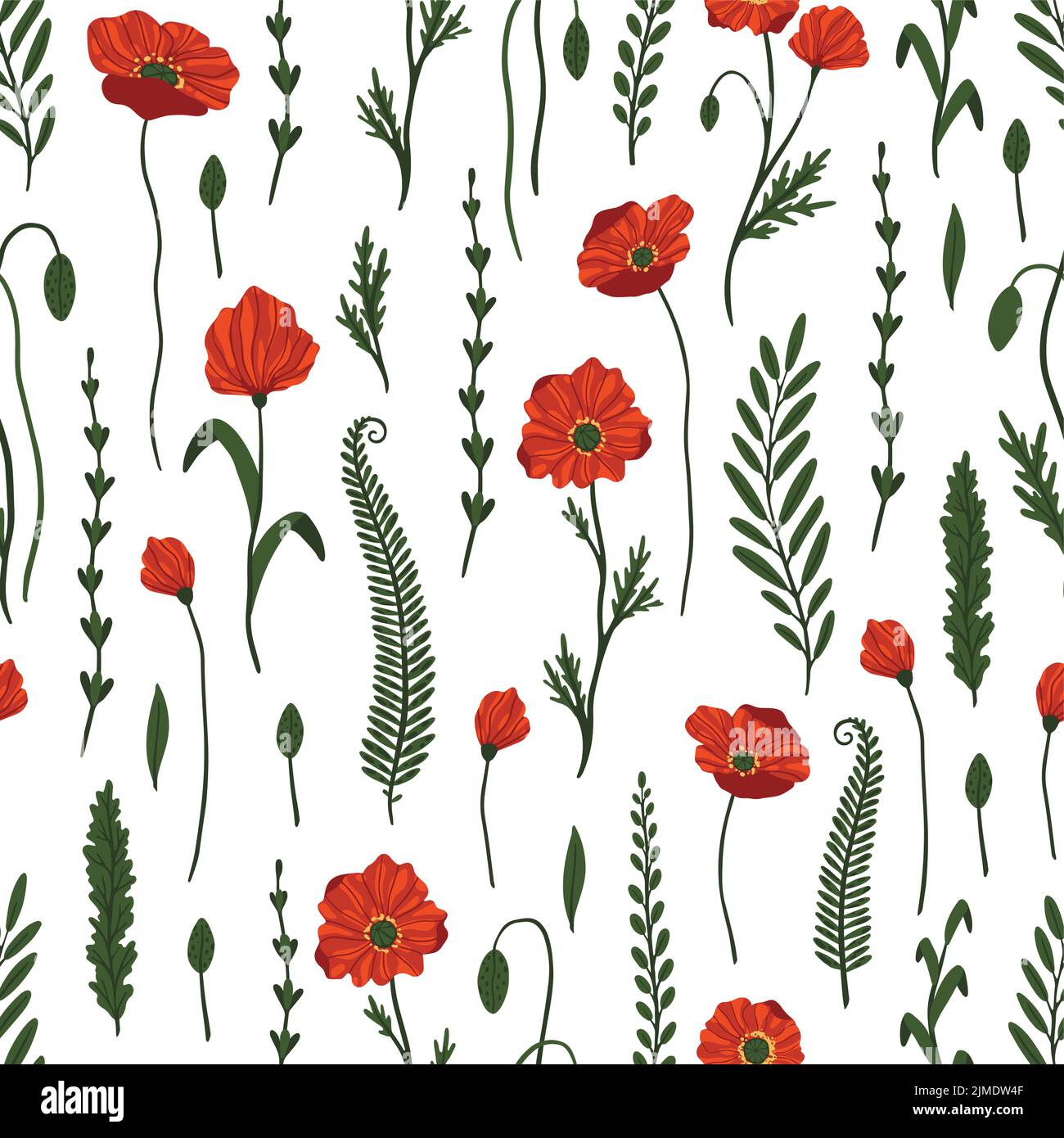 Red poppy florals and garden flowers. Seamless pattern illustration ...