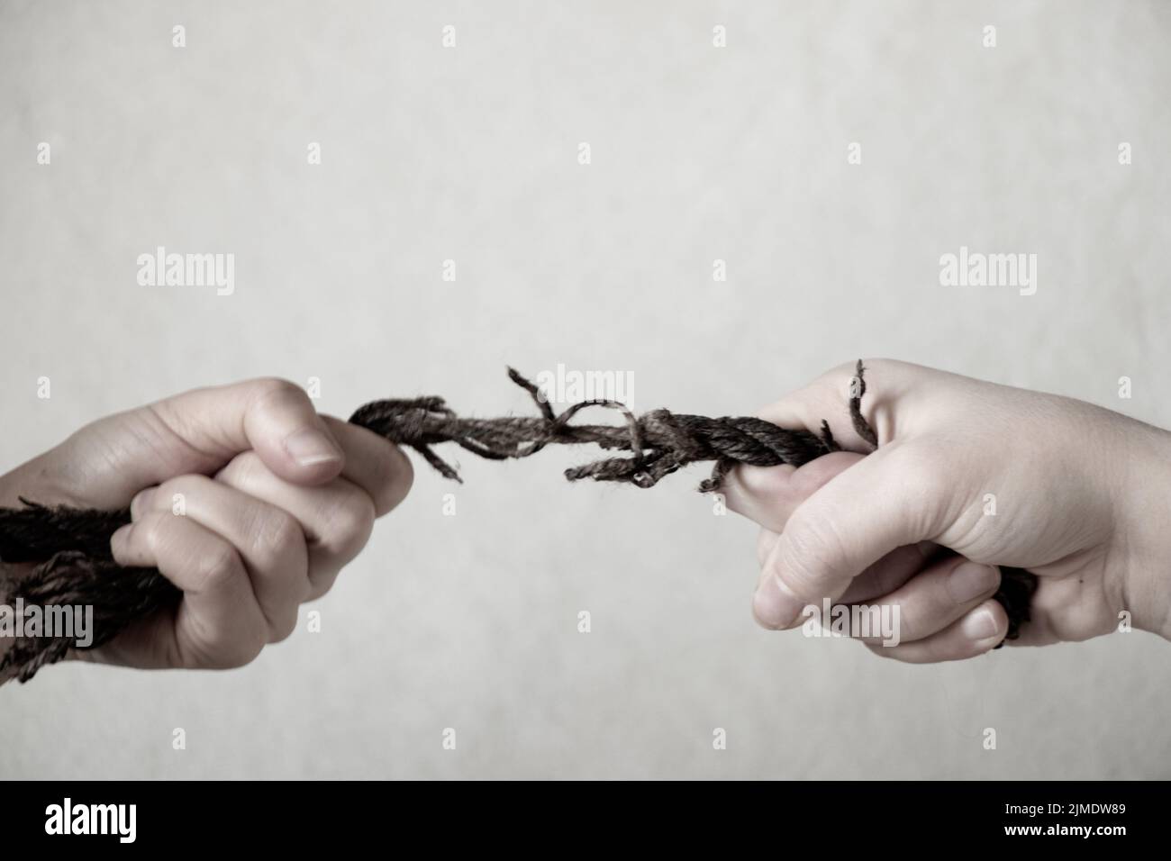 two hands pull the old rope on an isolated background ,strength and ...
