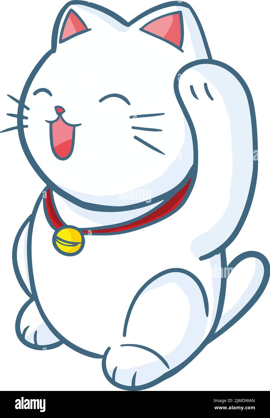 A vector illustration of a white cat waving with a red bell on its neck ...