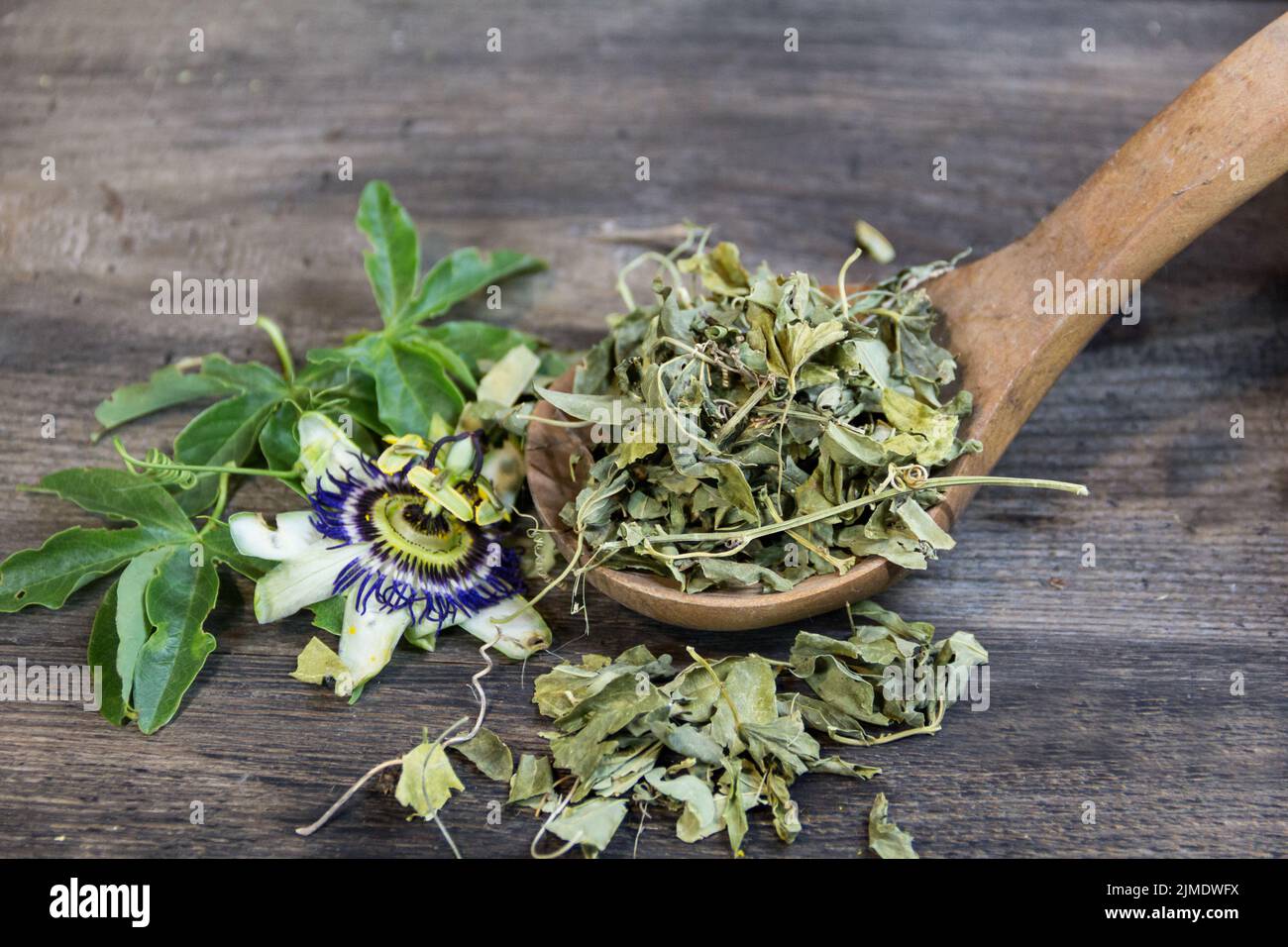 Dried leaves of passiflora to drink sedative tea Stock Photo - Alamy