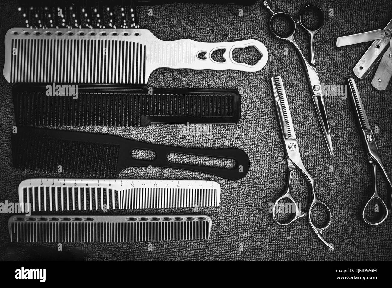 accessories for haircuts are on the shelf in the salon Stock Photo - Alamy