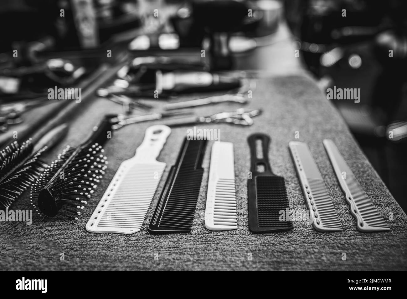 accessories for haircuts are on the shelf in the salon Stock Photo - Alamy