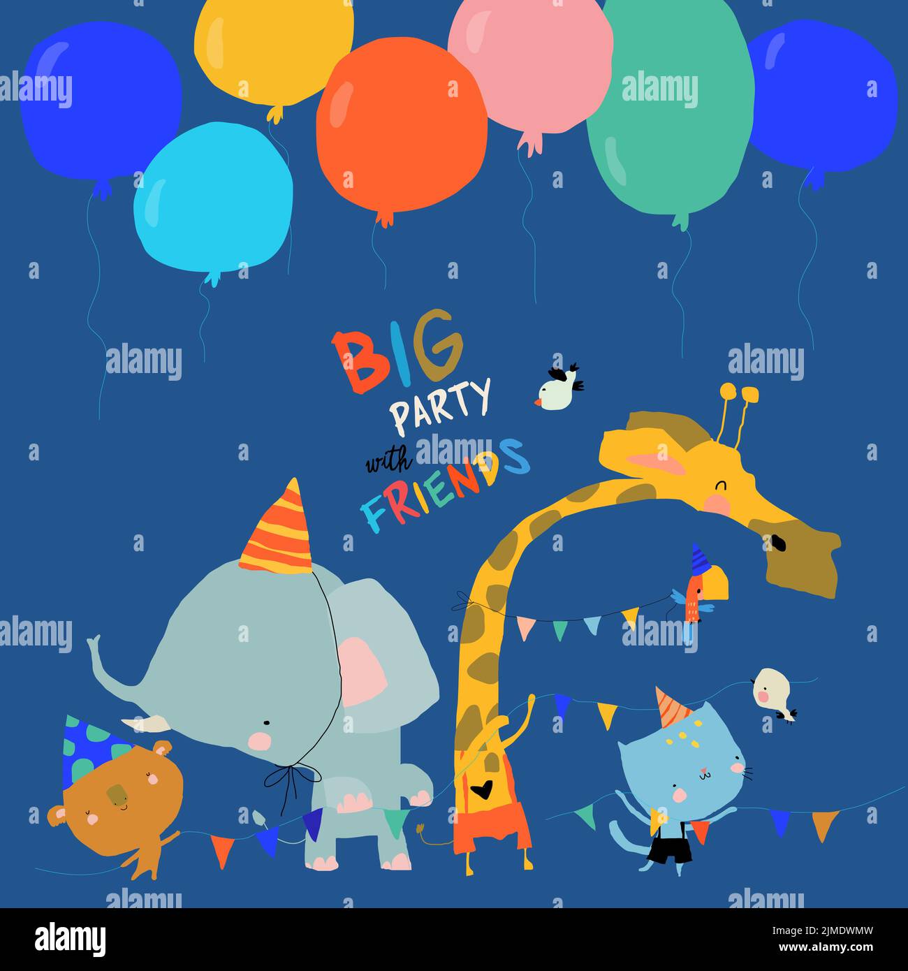 Greeting Card with Cute Animals celebrating Birthday Stock Vector Image ...