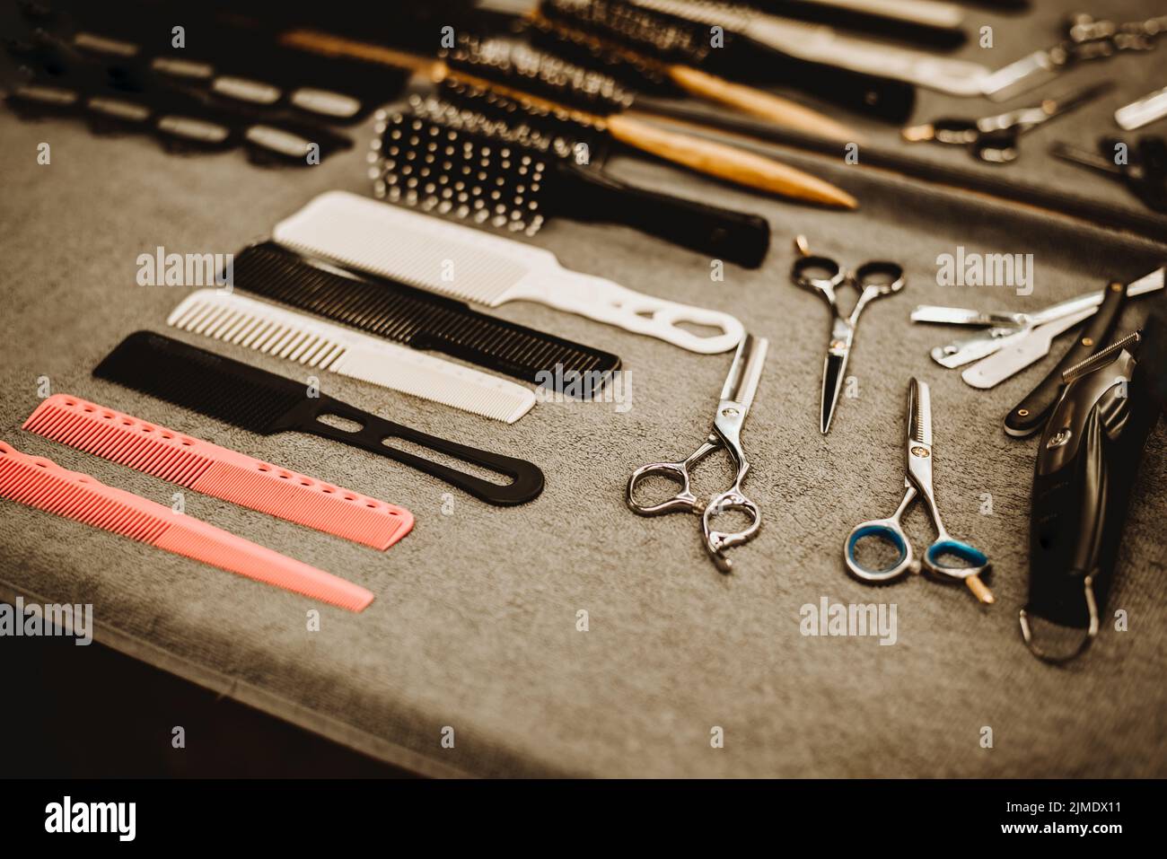 accessories for haircuts are on the shelf in the salon Stock Photo - Alamy