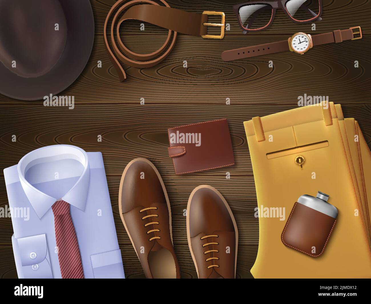 Men wear lay set with fashion symbols on wooden background cartoon ...