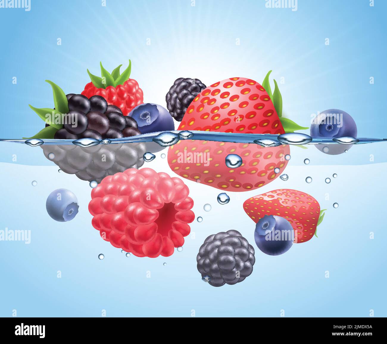 Berries in water realistic composition with strawberry blueberry and ...