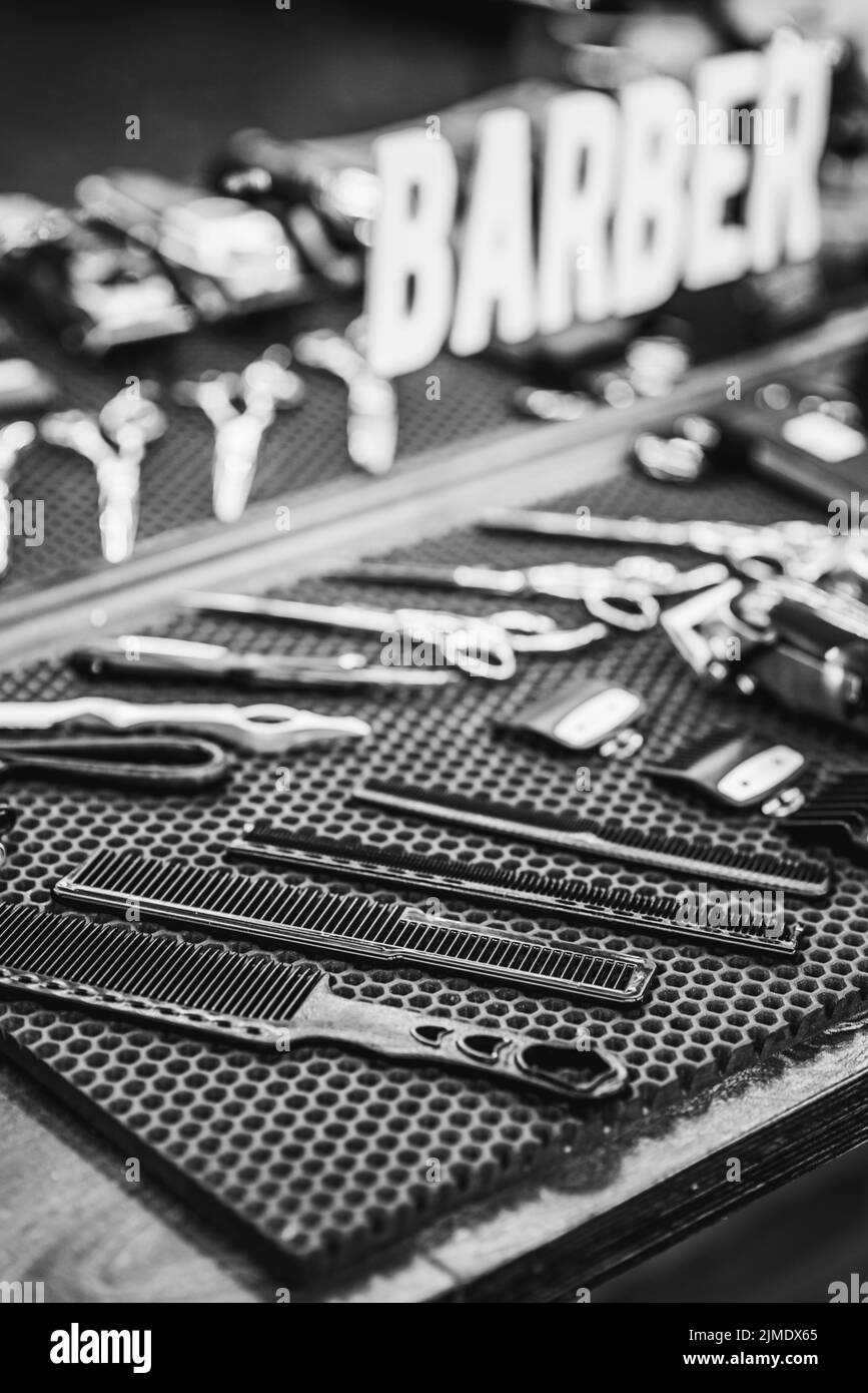 hairdresser accessories are on the shelf in the salon Stock Photo - Alamy