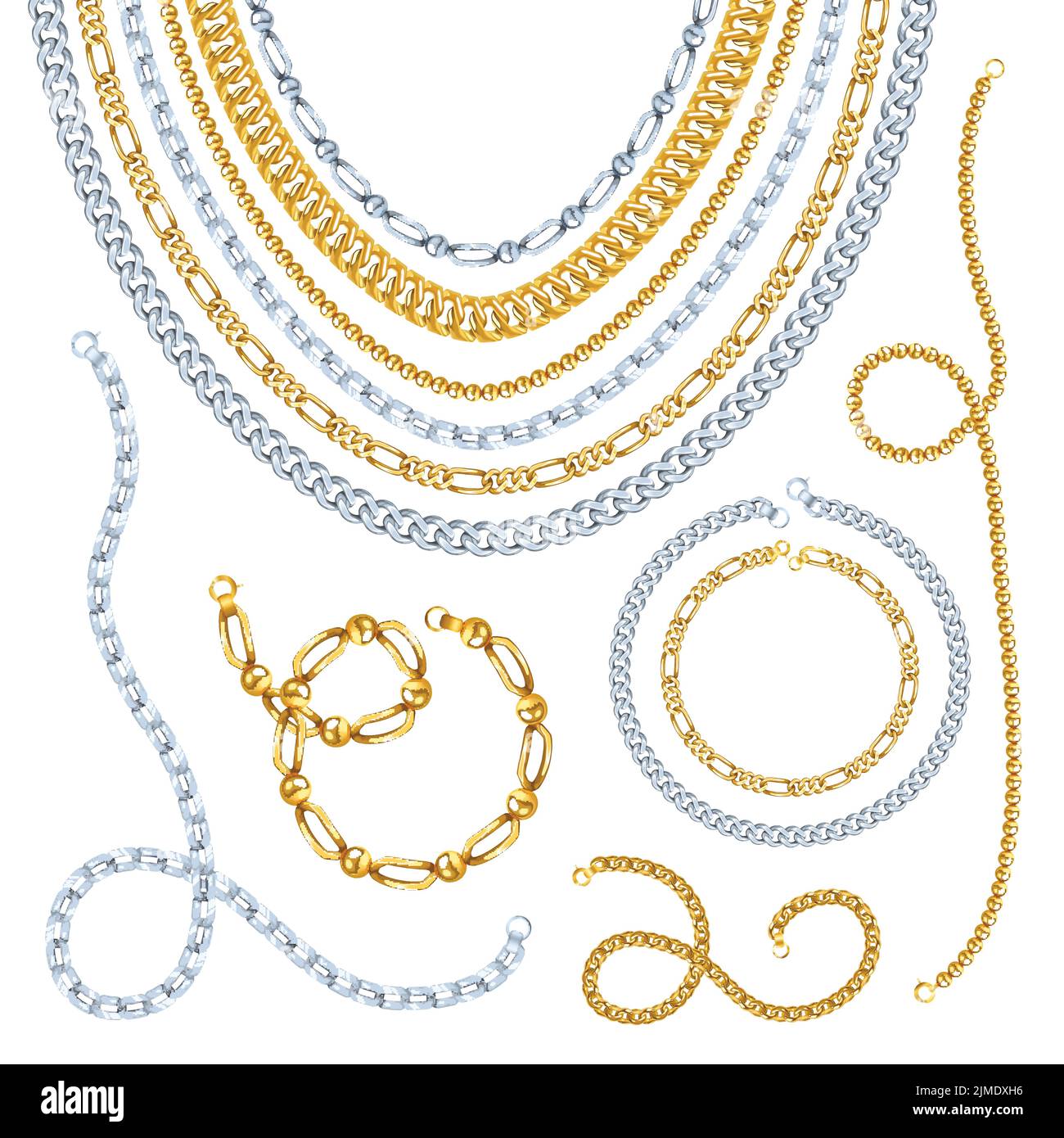 Golden and silver chains necklaces and bracelets with clasps realistic ...