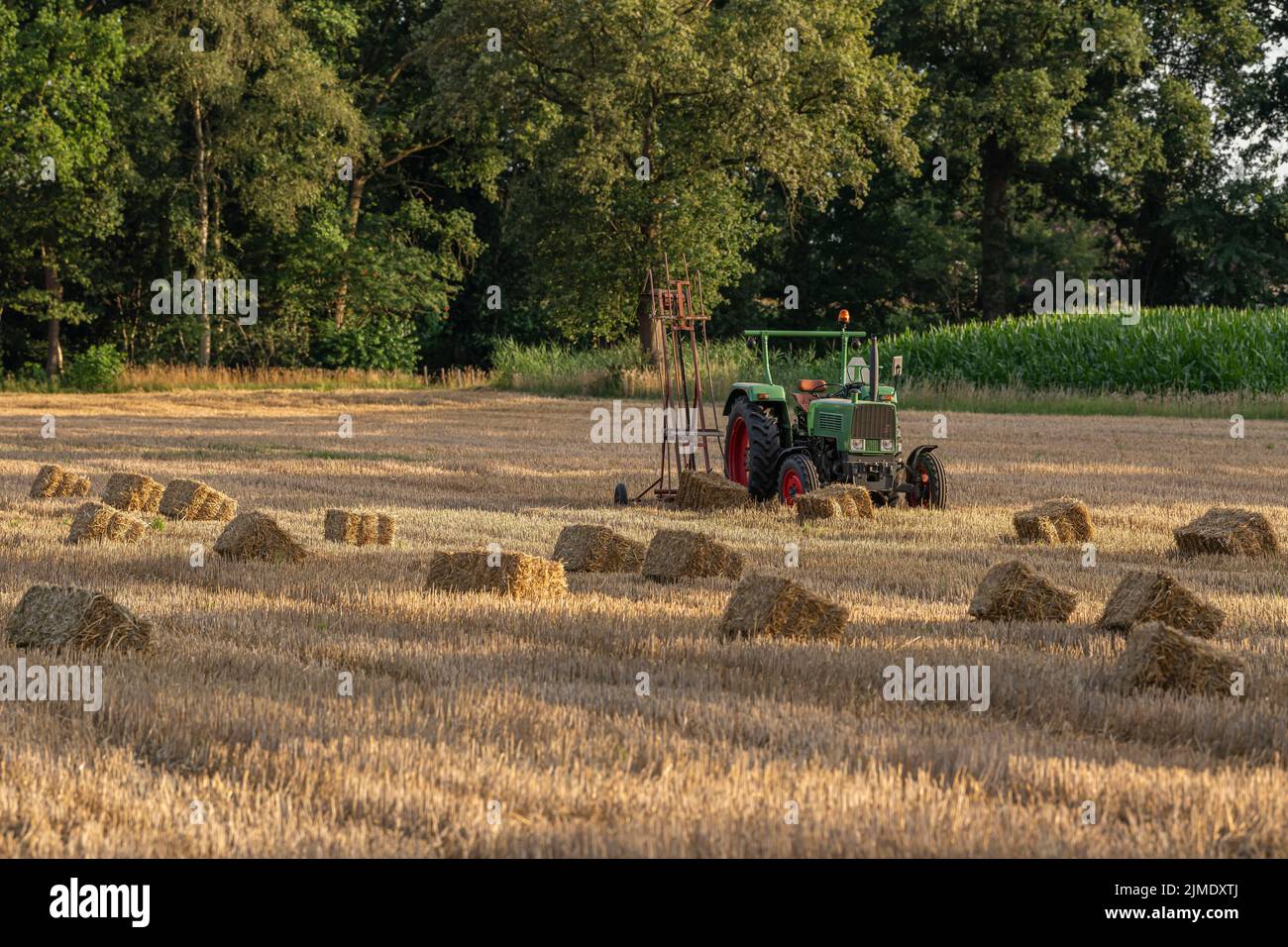 Old tractor in a field with straw bales Stock Photo - Alamy