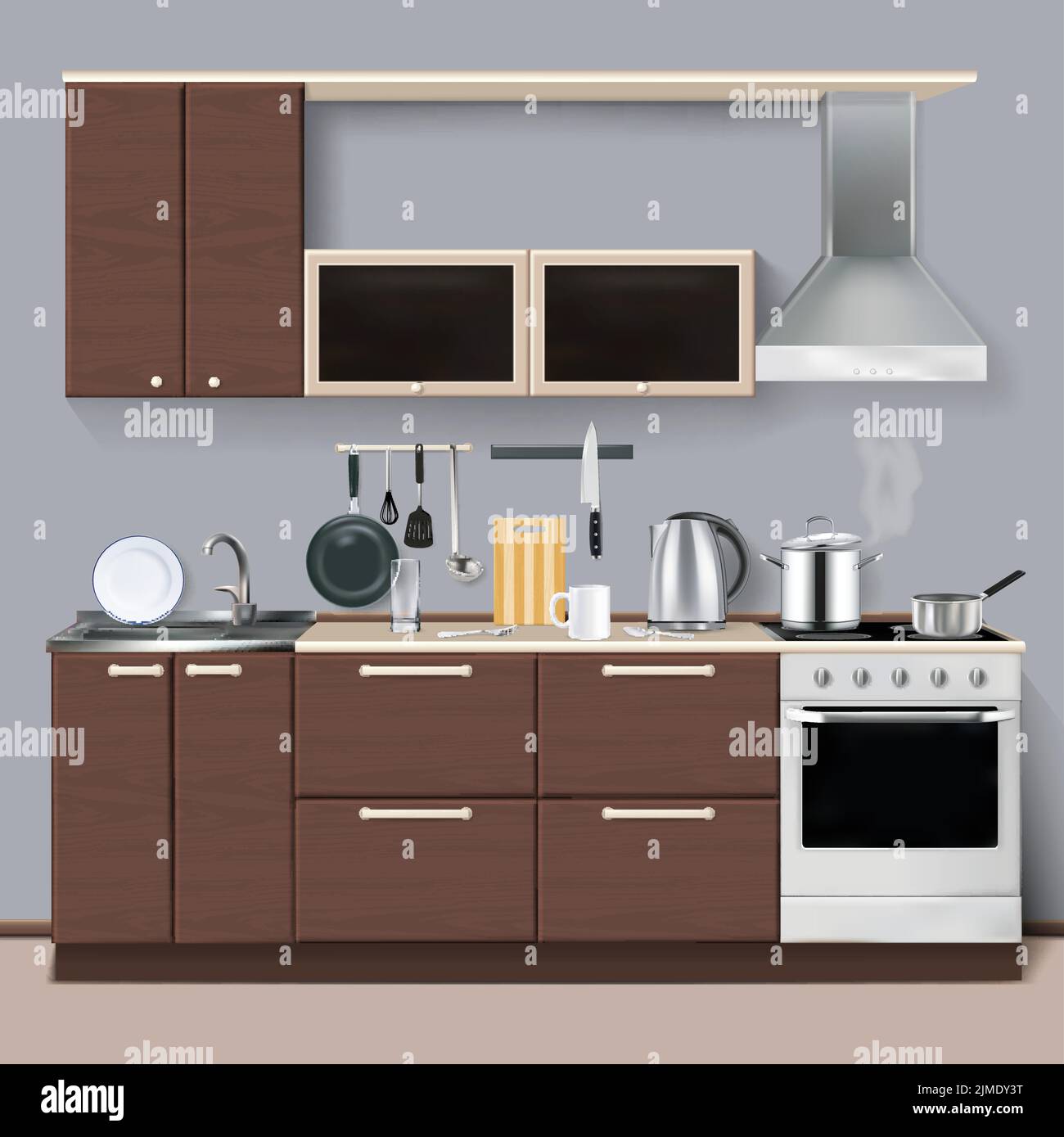 Realistic kitchen interior with cupboards cooker hood and sink vector ...