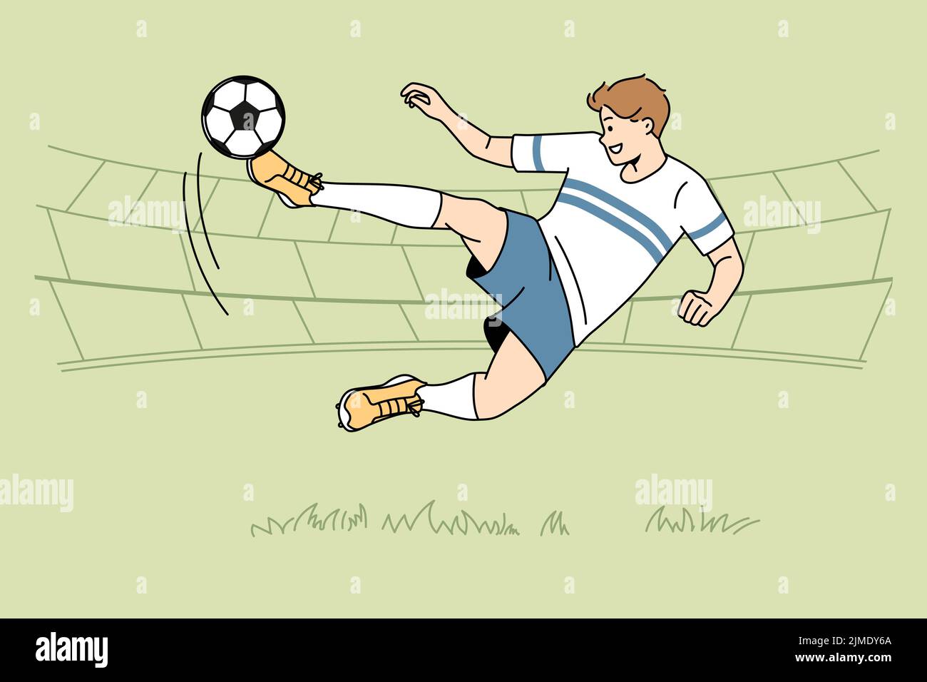 Footballer player kick ball at field. Footballer in uniform score goal ...