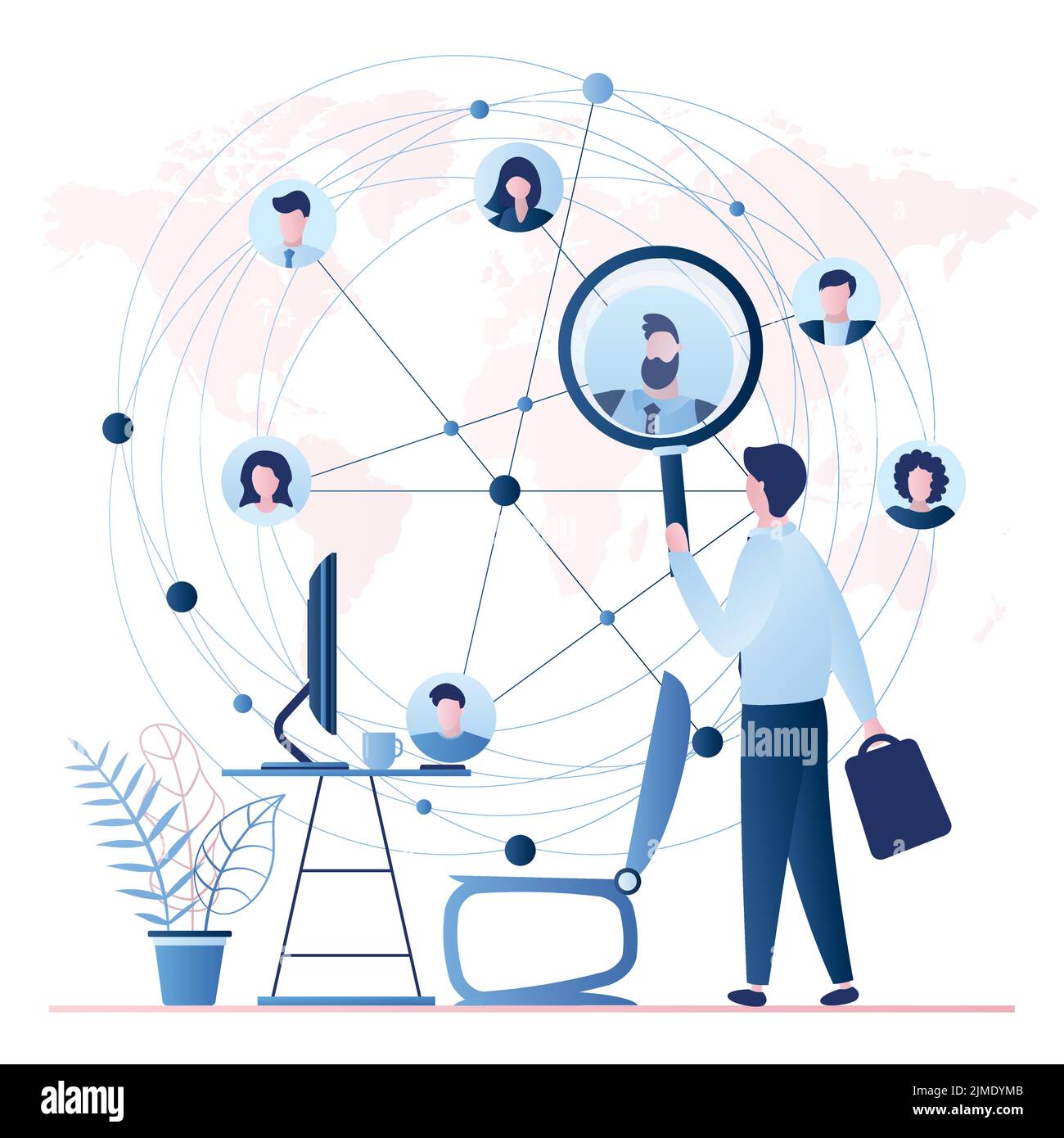 Businessman using magnifying glass for search business contacts and ...