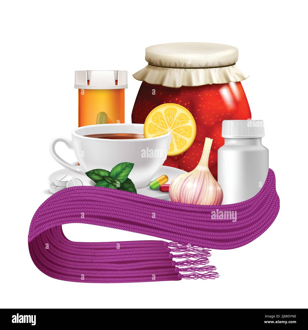 Anti-virus remedies set with realistic tea cup lemon warm scarf and ...
