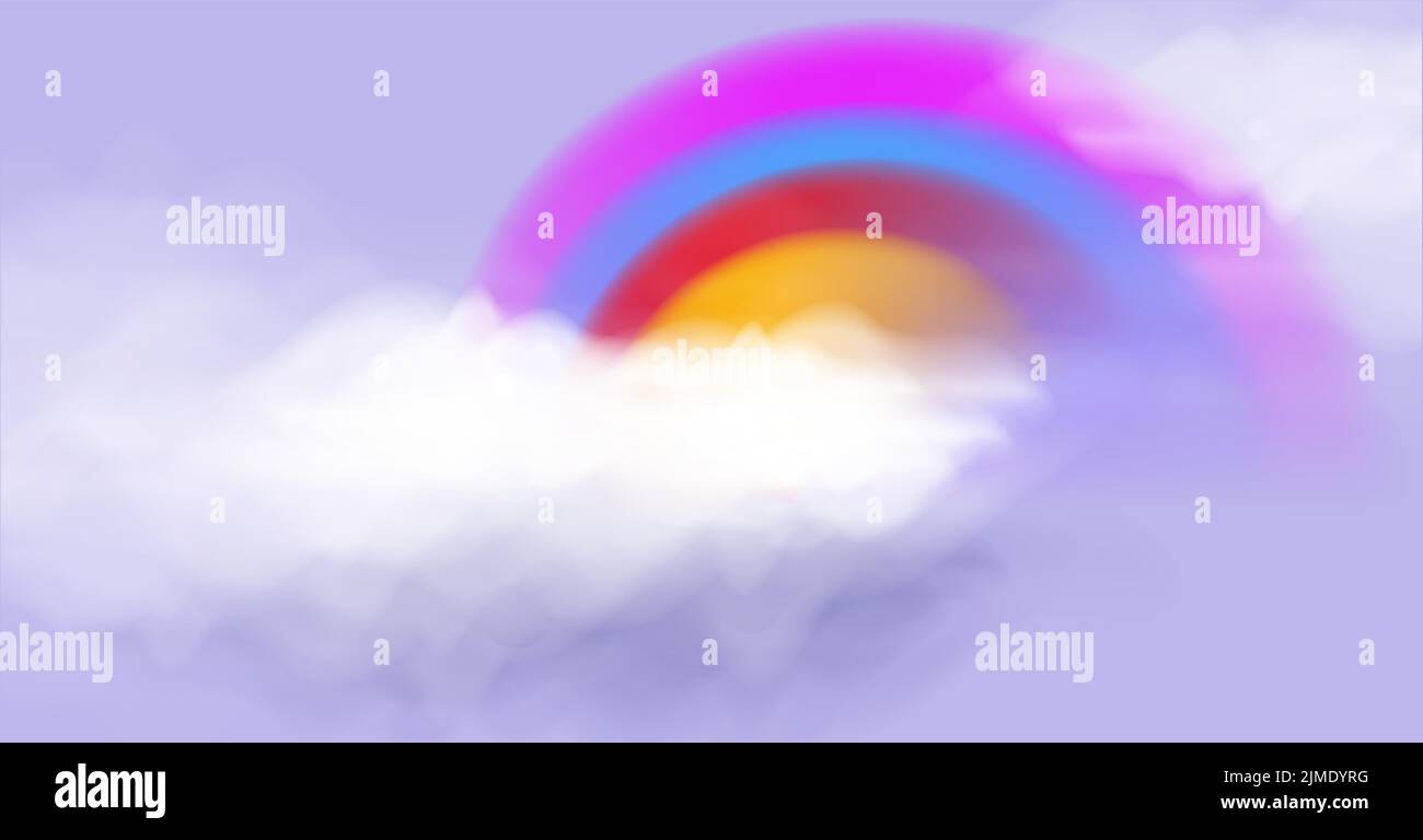 Fluffy clouds and rainbow arch vector illustration, soft realistic ...
