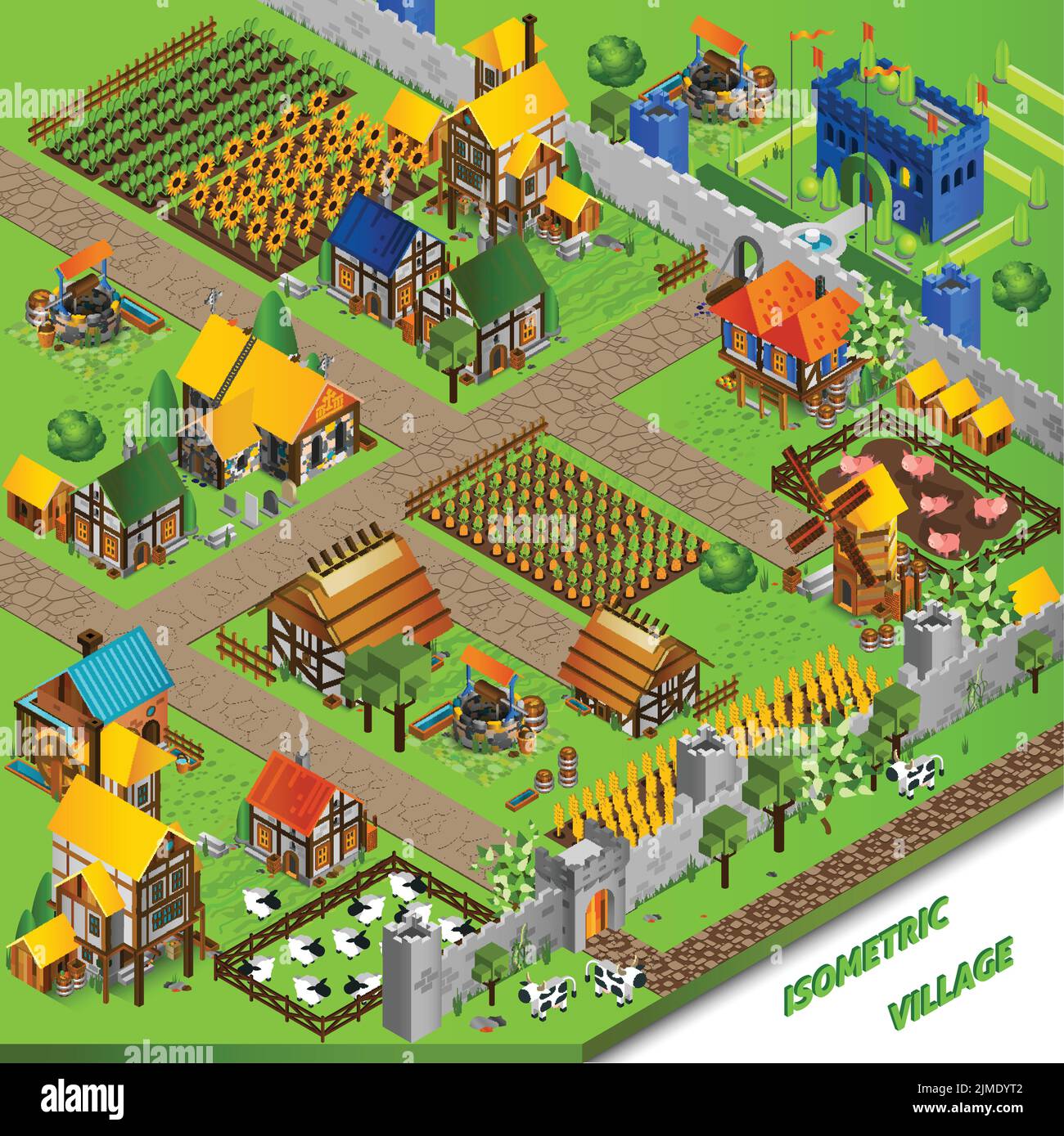 Medieval life background with castle cattle mill and harvest isometric ...