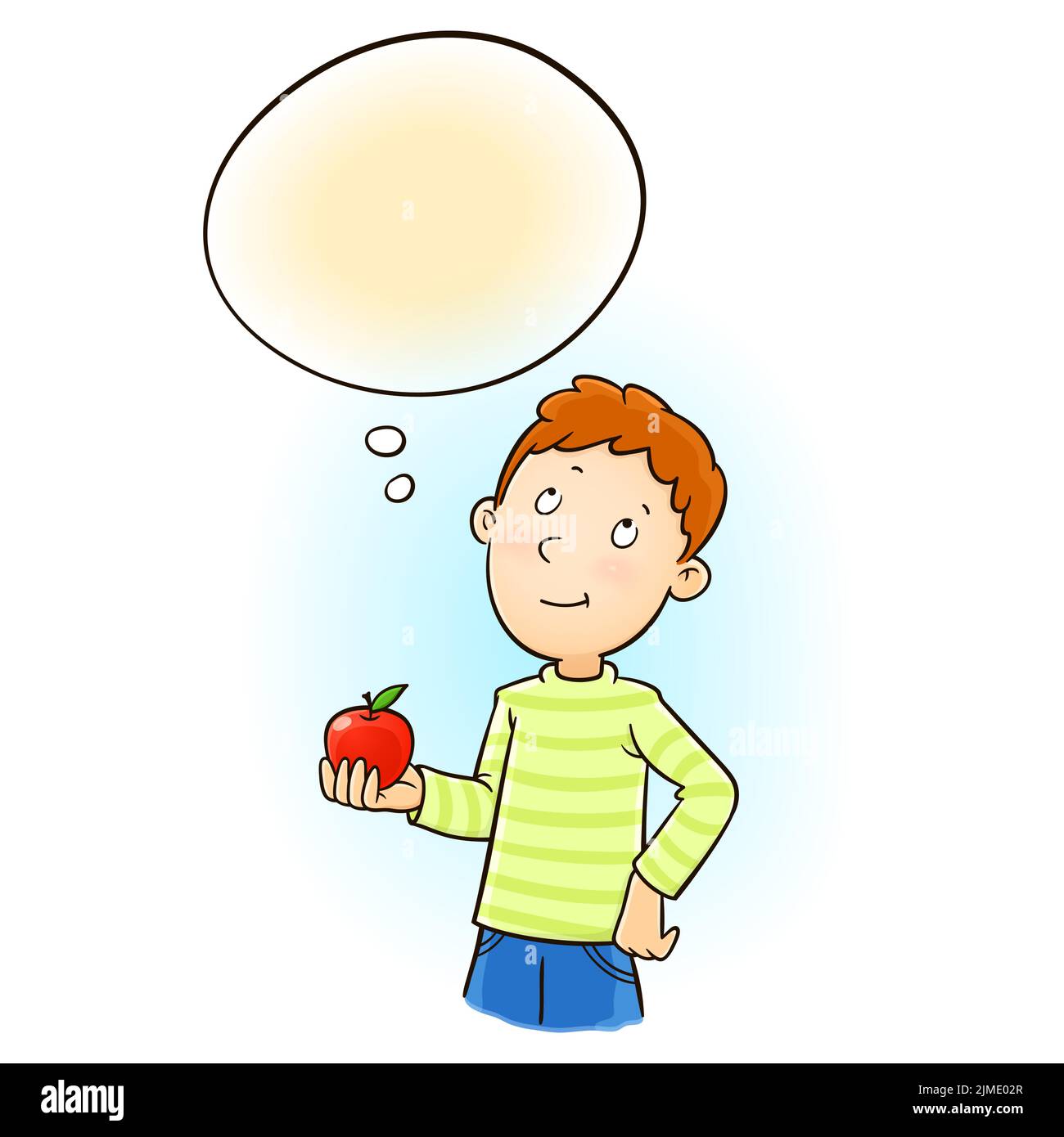 vector cartoon of a young boy holding an apple and thinking about apple ...