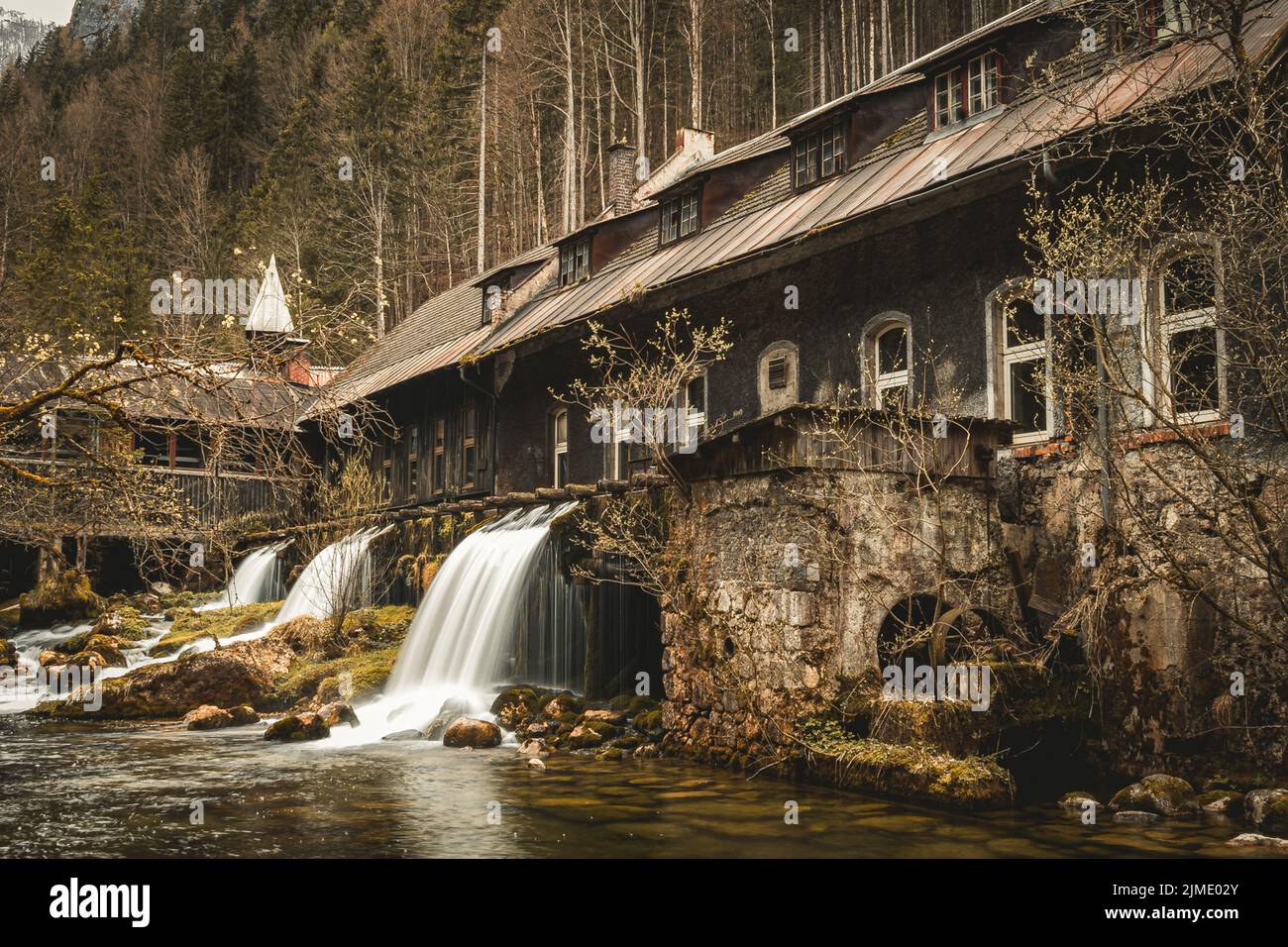 The beautiful old forest house behind the bridge with waterfalls ...