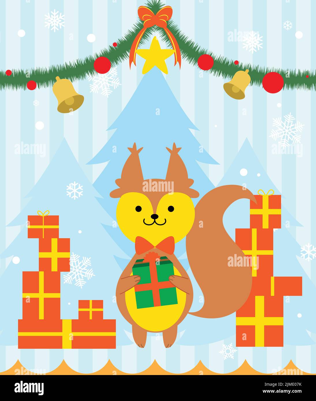 Christmas card squirrel cartoon vector. Pile of christmas gifts on a ...