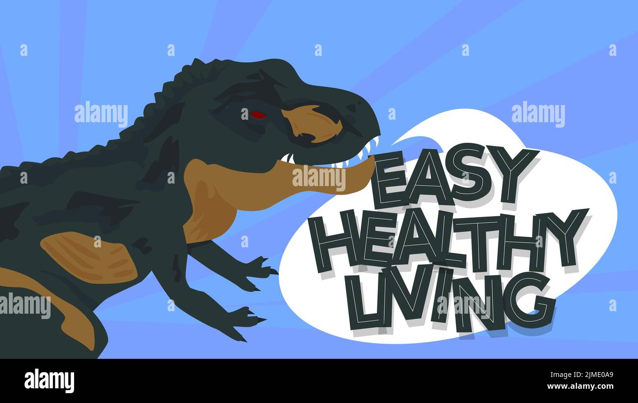 Dinosaur with speech bubble saying Easy Healthy Living word Stock ...
