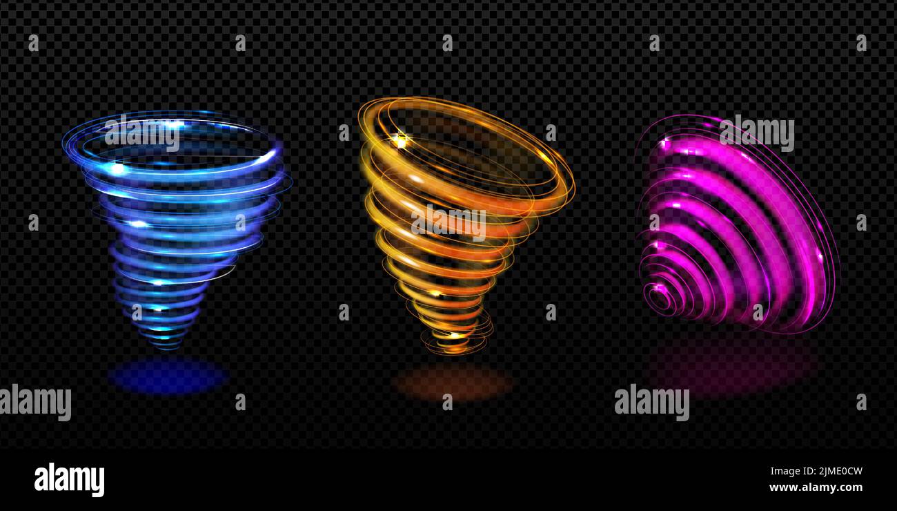 Light swirls effect, magic tornado or hurricane. Vector realistic set of shiny energy twirls ...