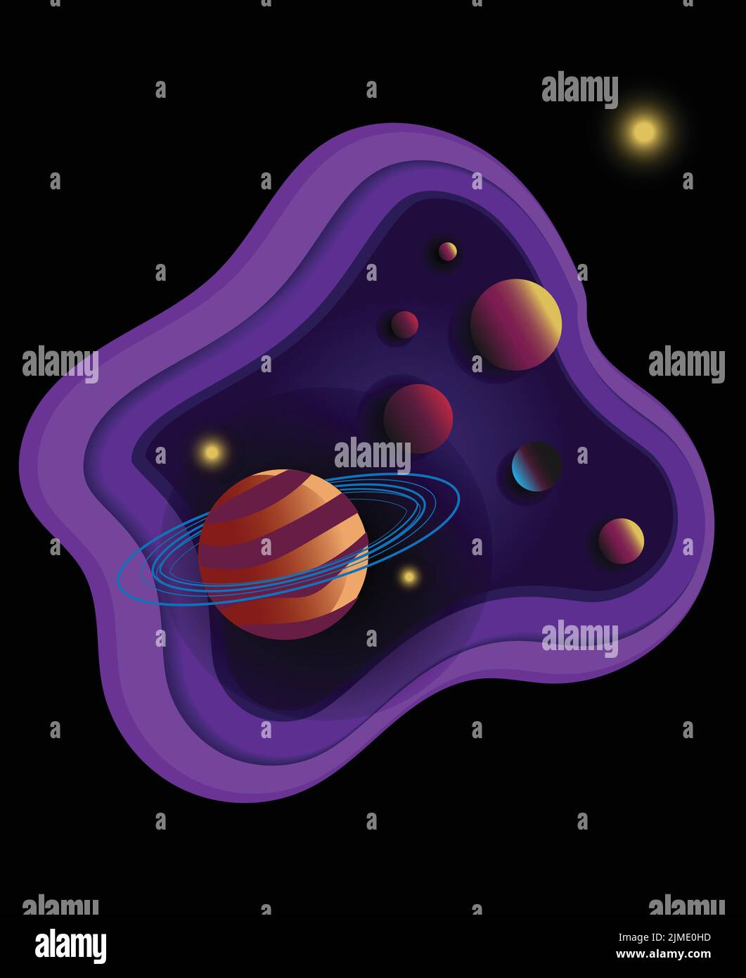 A vector of a little universe with several planets and stars on a black ...