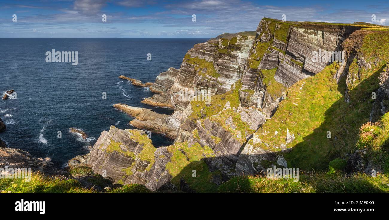 Panorama with majestic and beautiful Kerry Cliffs and Atlantic Ocean ...