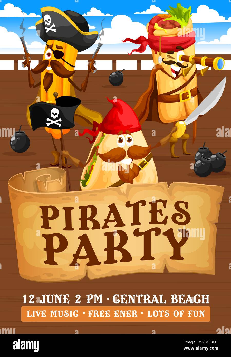 Pirates party flyer. Cartoon mexican food pirate and corsair characters ...