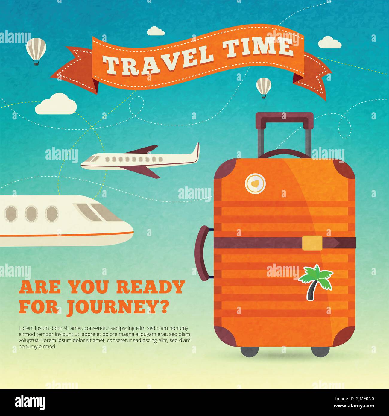 Modern travel luggage poster with airplanes balloons and motivational ...