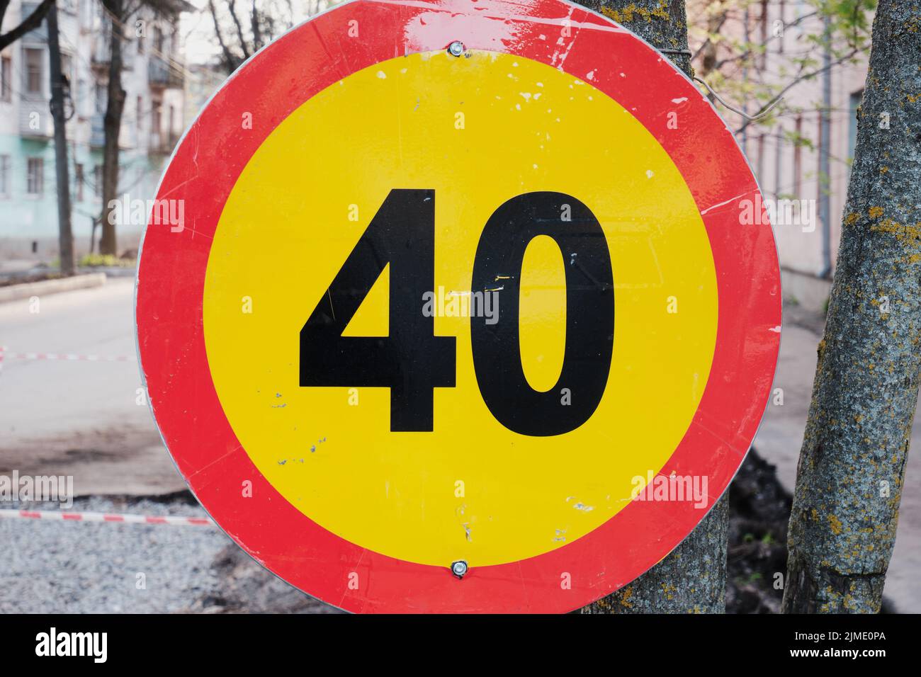 Road signs. Road works. Replacement of the road surface Stock Photo - Alamy