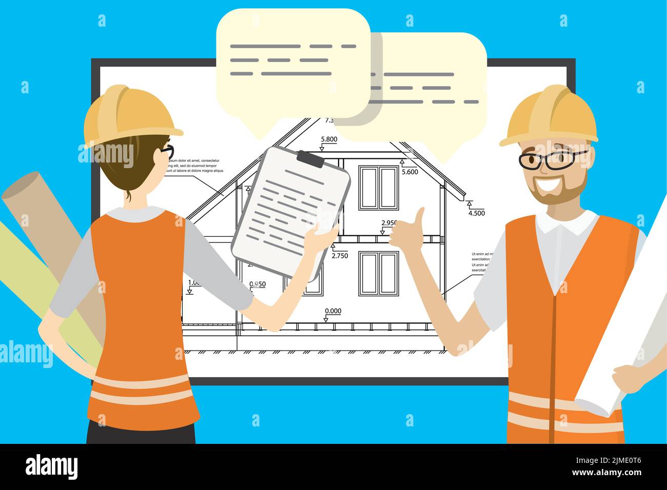 Two engineers or architect are talking, board with house plan or scheme ...