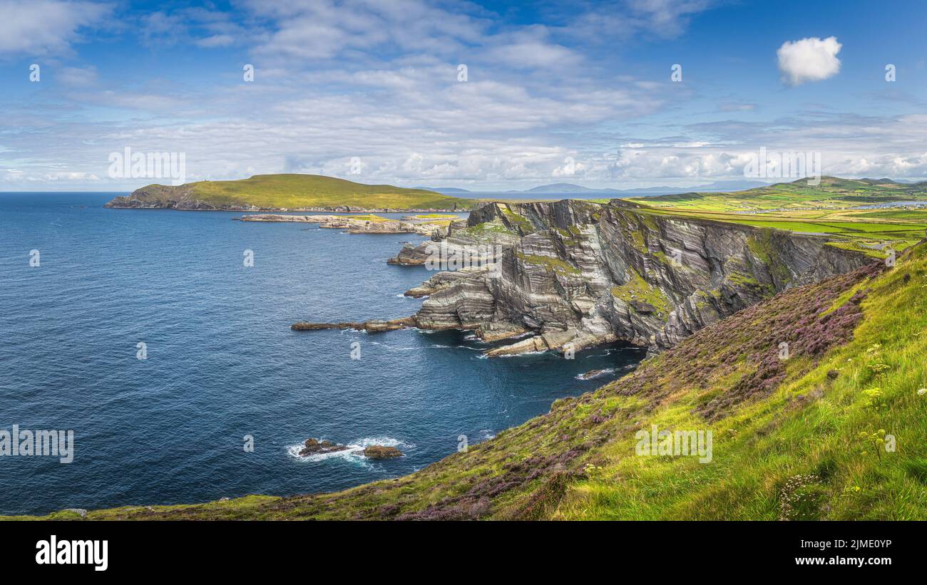 Large panorama with Kerry Cliffs and blue coloured Atlantic Ocean ...