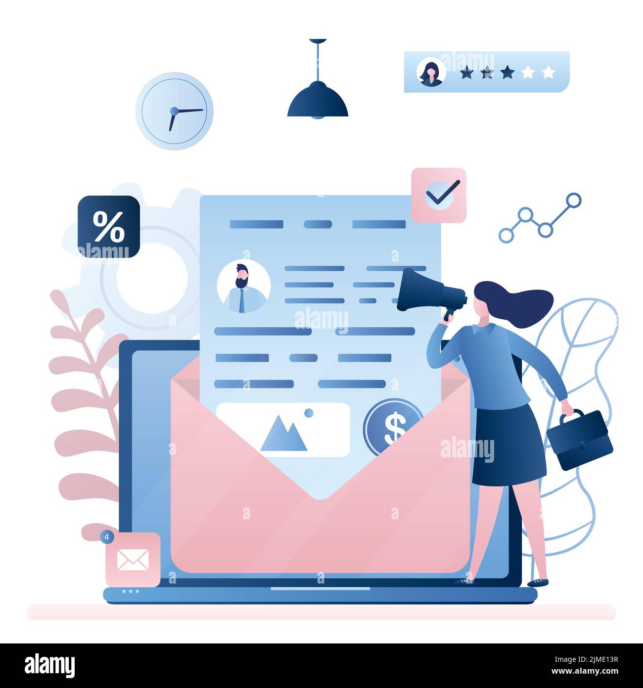 Email marketing concept background. Laptop with inbox mail and ...