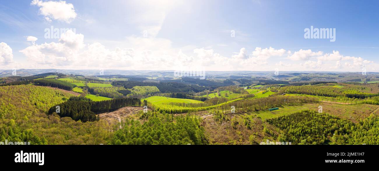 The siegerland forest and meadows from above in germany in spring as a ...