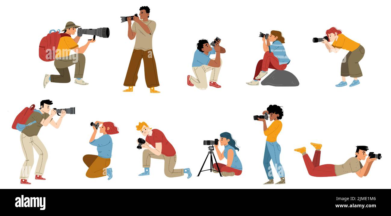 Photographers taking pictures, standing, sitting and lying with cameras ...