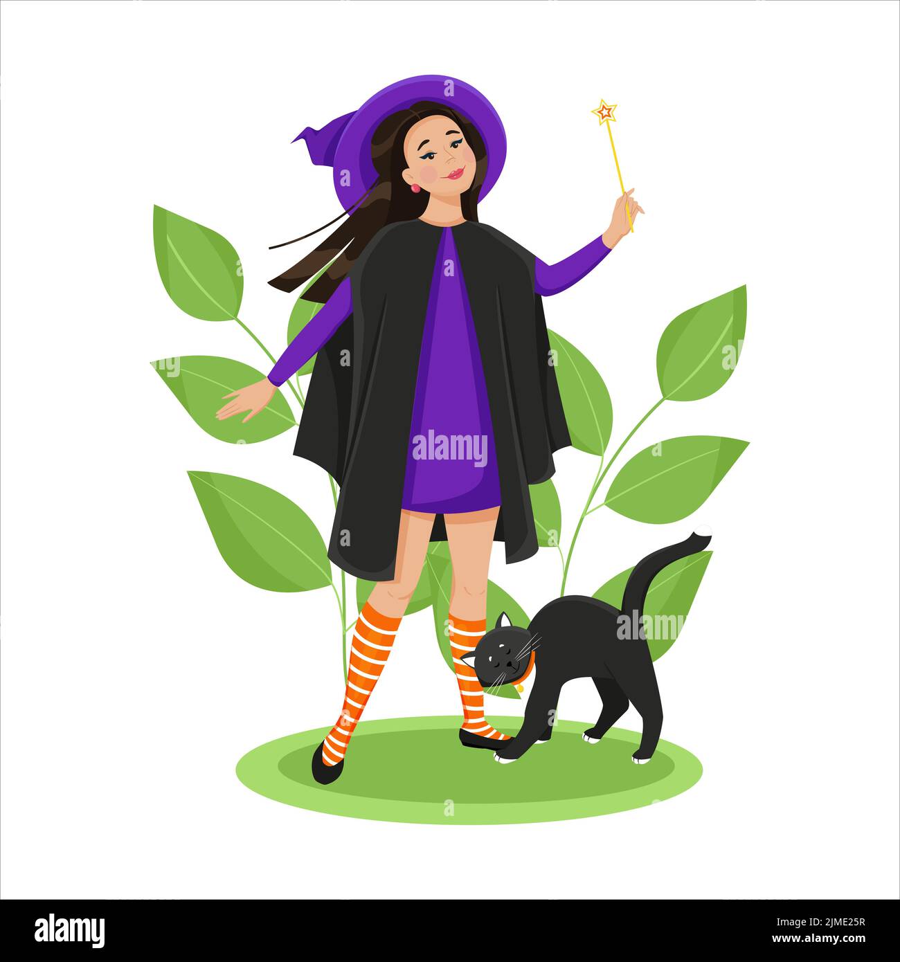 A cute witch in a robe and a big hat with a magic wand in her hand, a ...