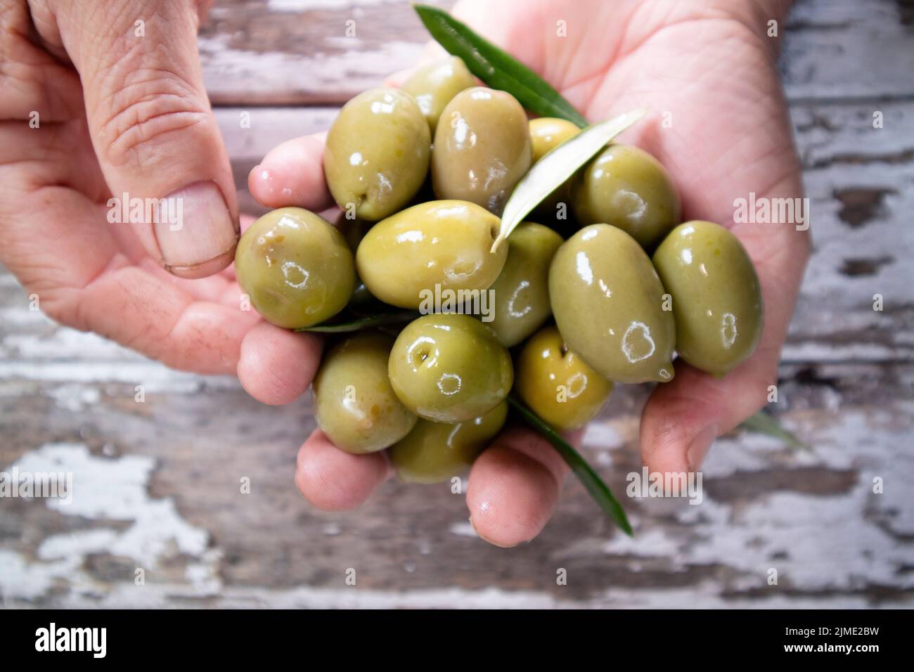 Group of green olives in hand Stock Photo - Alamy