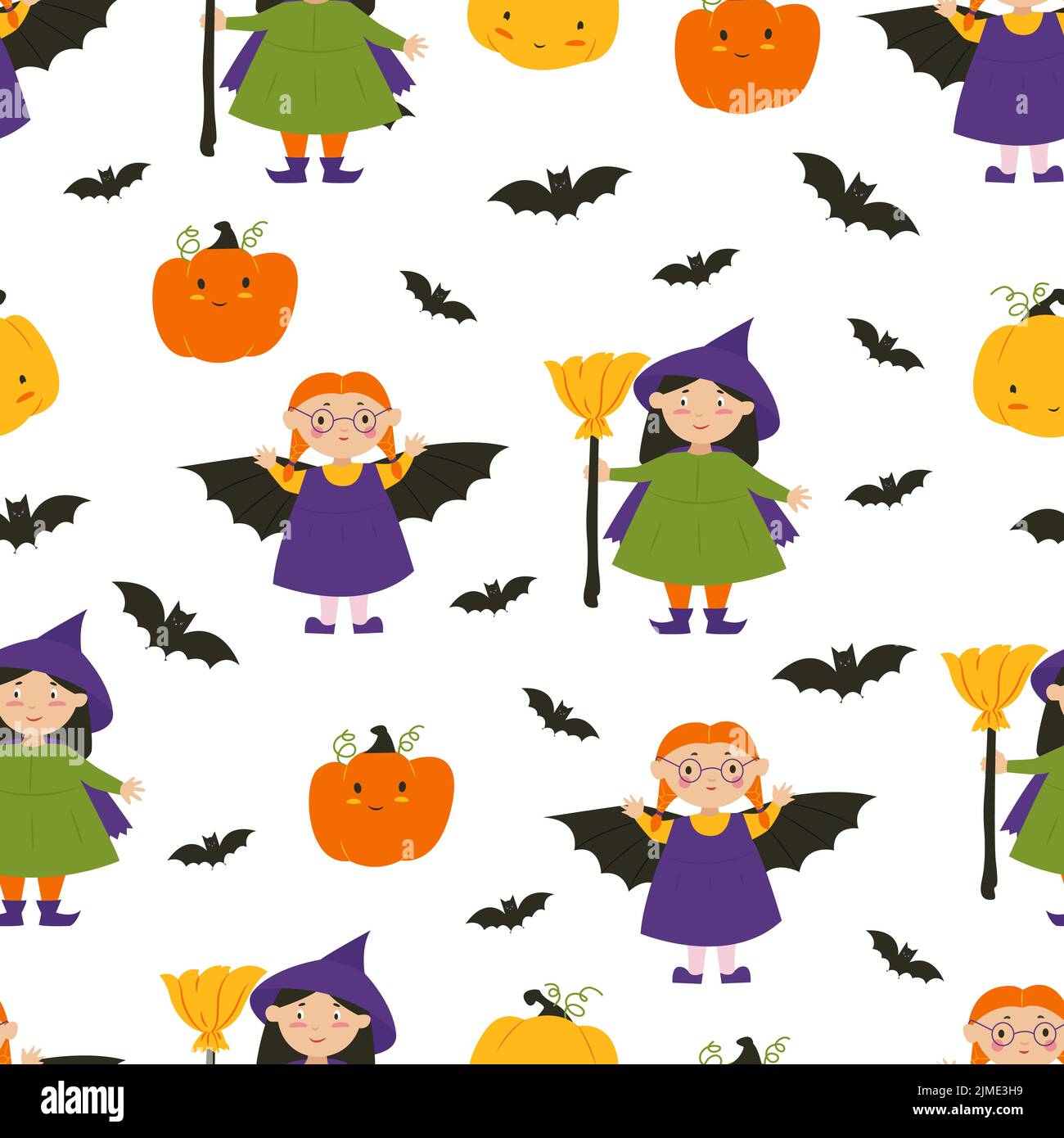 Halloween witches. Children in Halloween costumes, pumpkins and bats ...