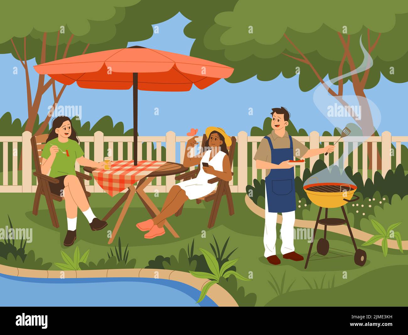 Backyard summer relax people. Barbecue party, beautiful garden, guy ...